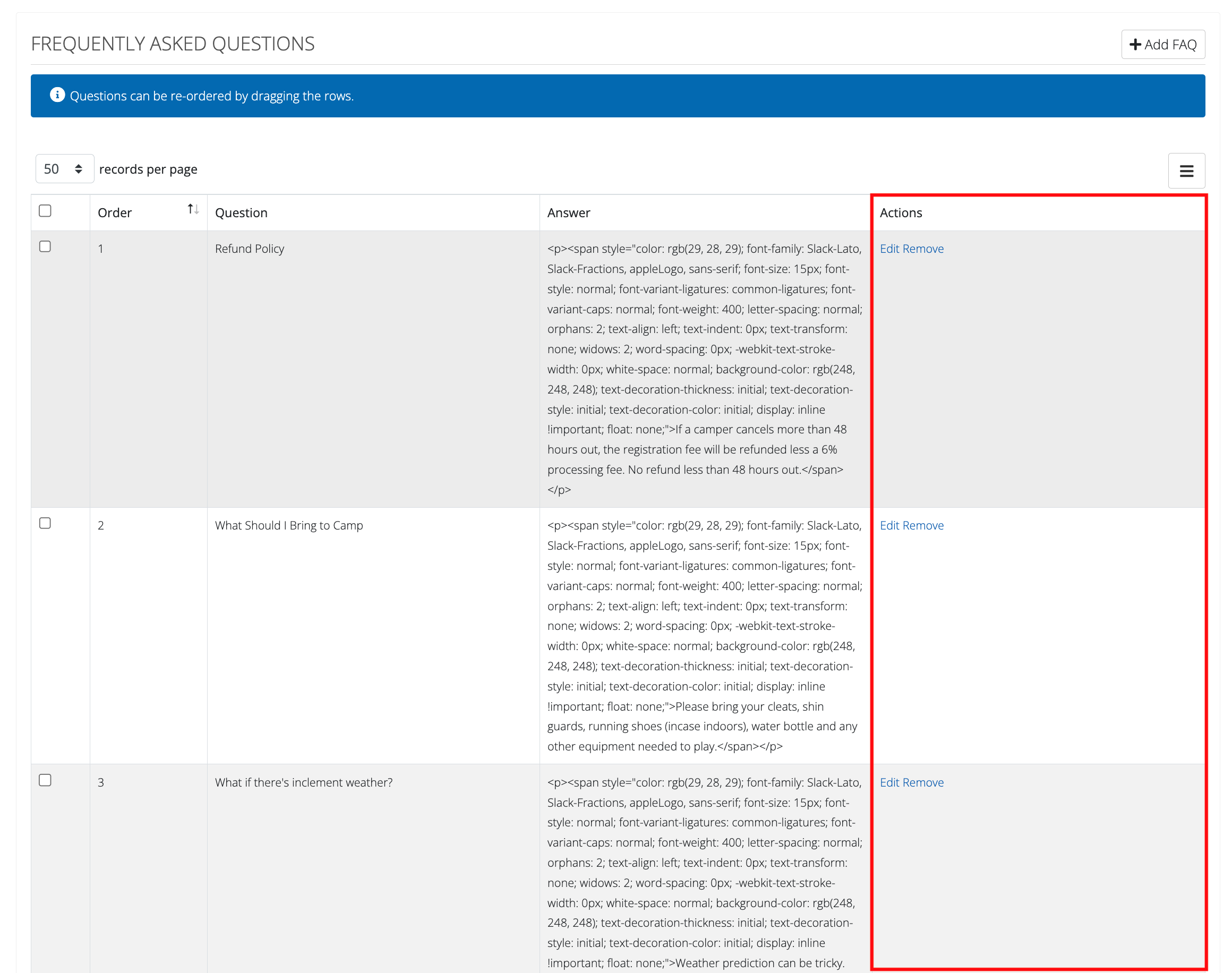 Manage Frequently Asked Questions (FAQs)