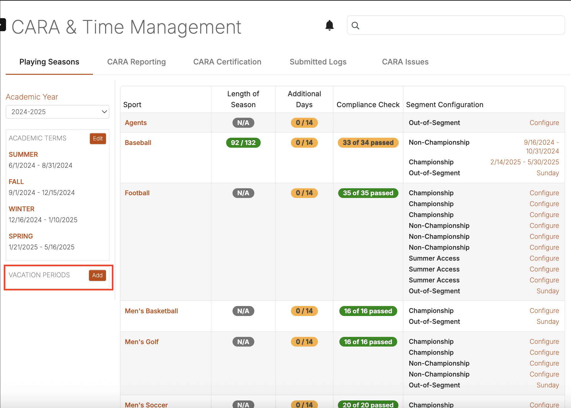 Playing and Practice Seasons