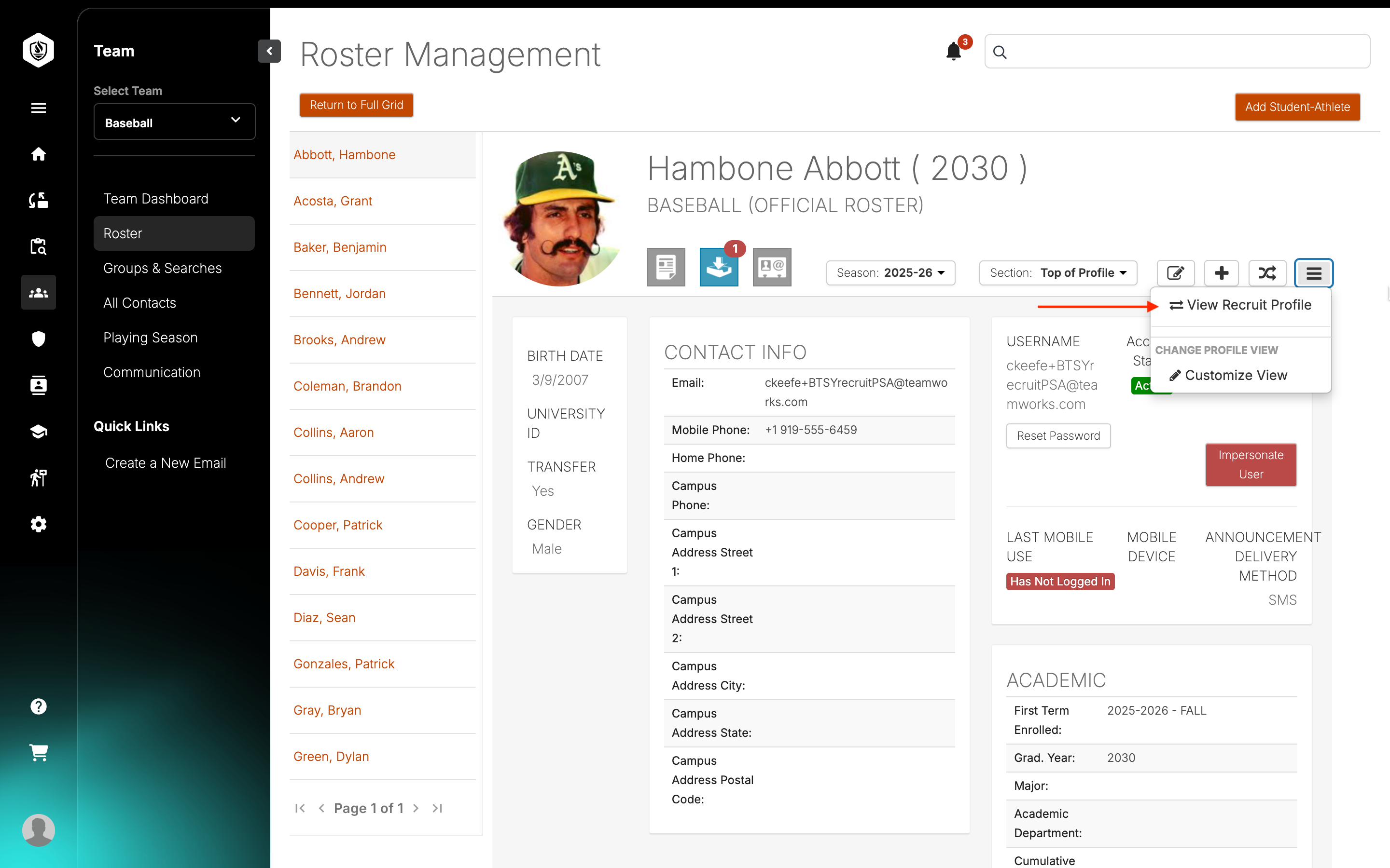 Access a Student-Athlete's Recruit Profile Information
