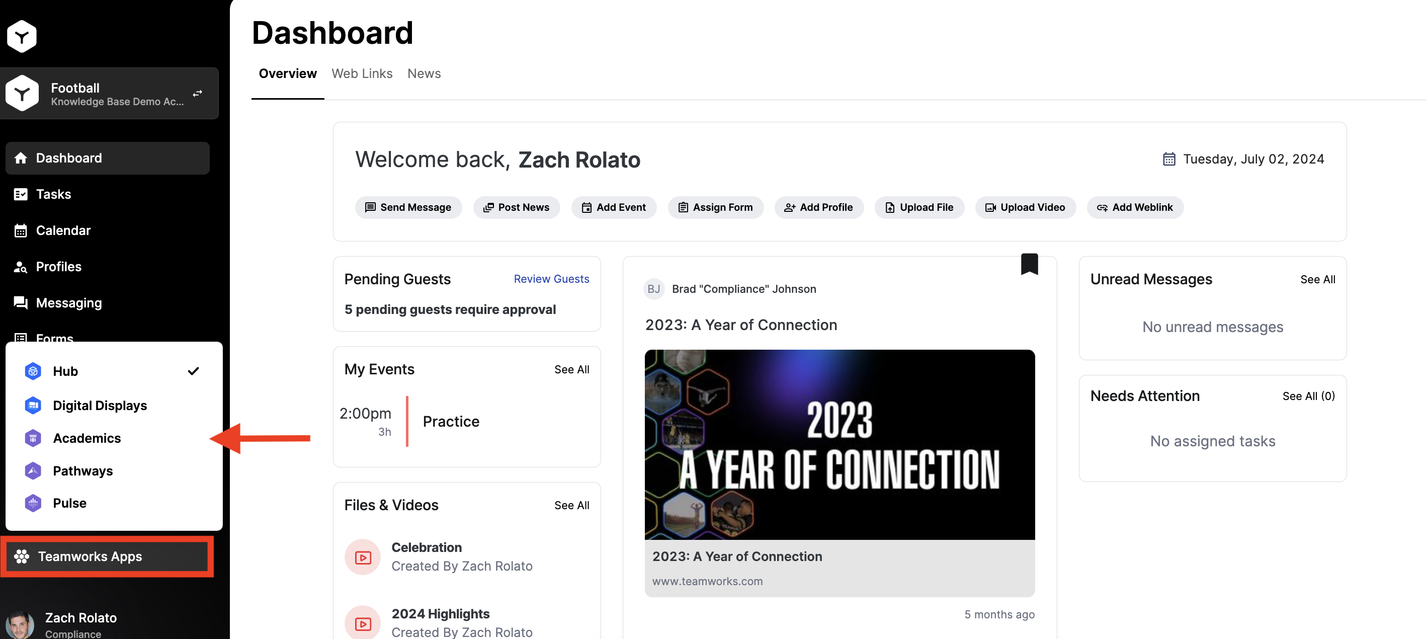 Navigate Between Hub and Other Teamworks Products Using the Teamworks App Switcher