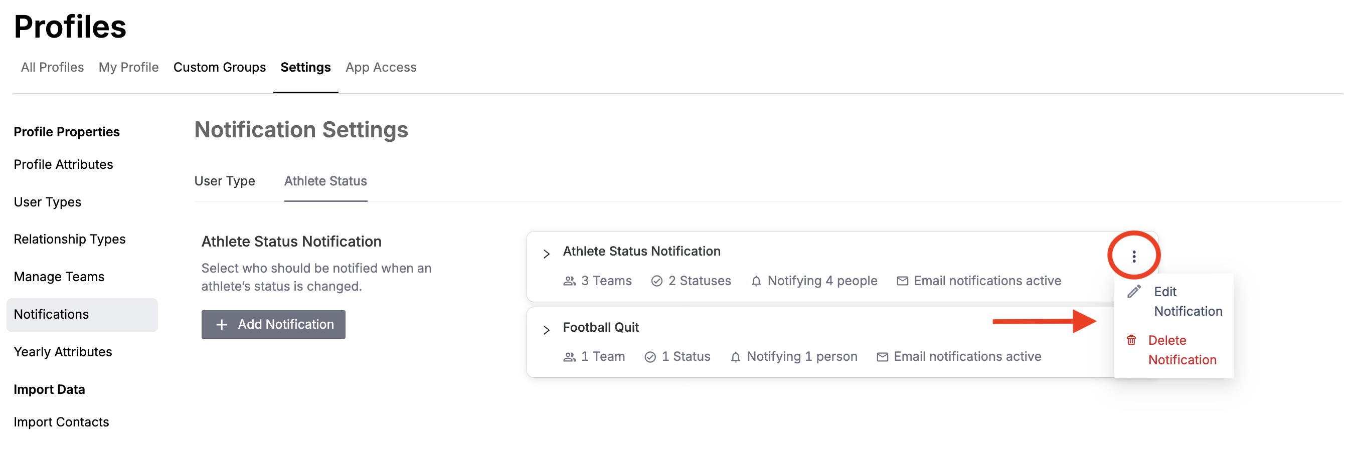 Configure User Type and Athlete Status Notifications