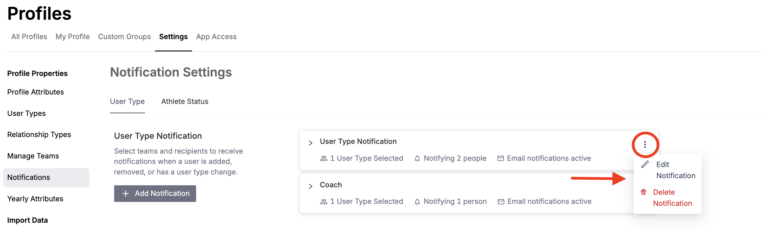 Configure User Type and Athlete Status Notifications
