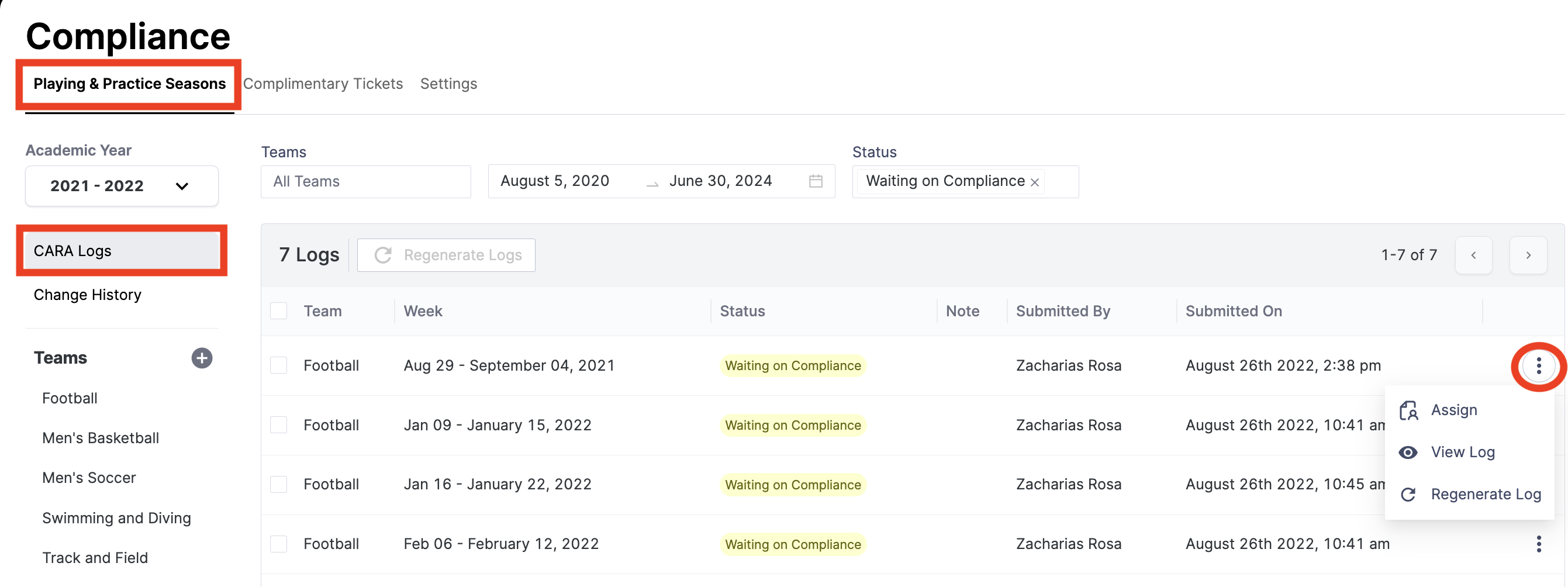 CARA Logs for Compliance Administrators
