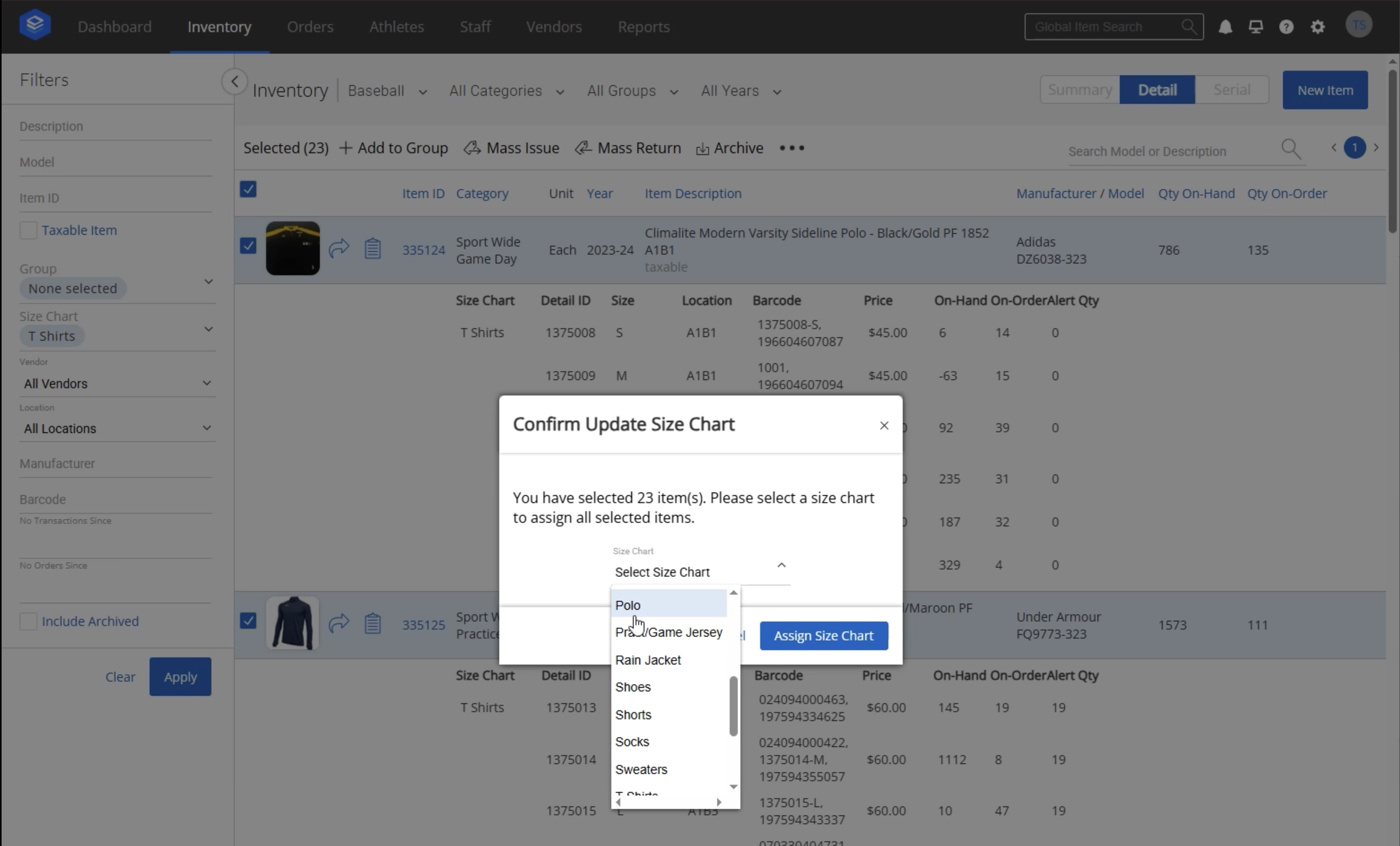Mass Update Item Size Charts and Categories