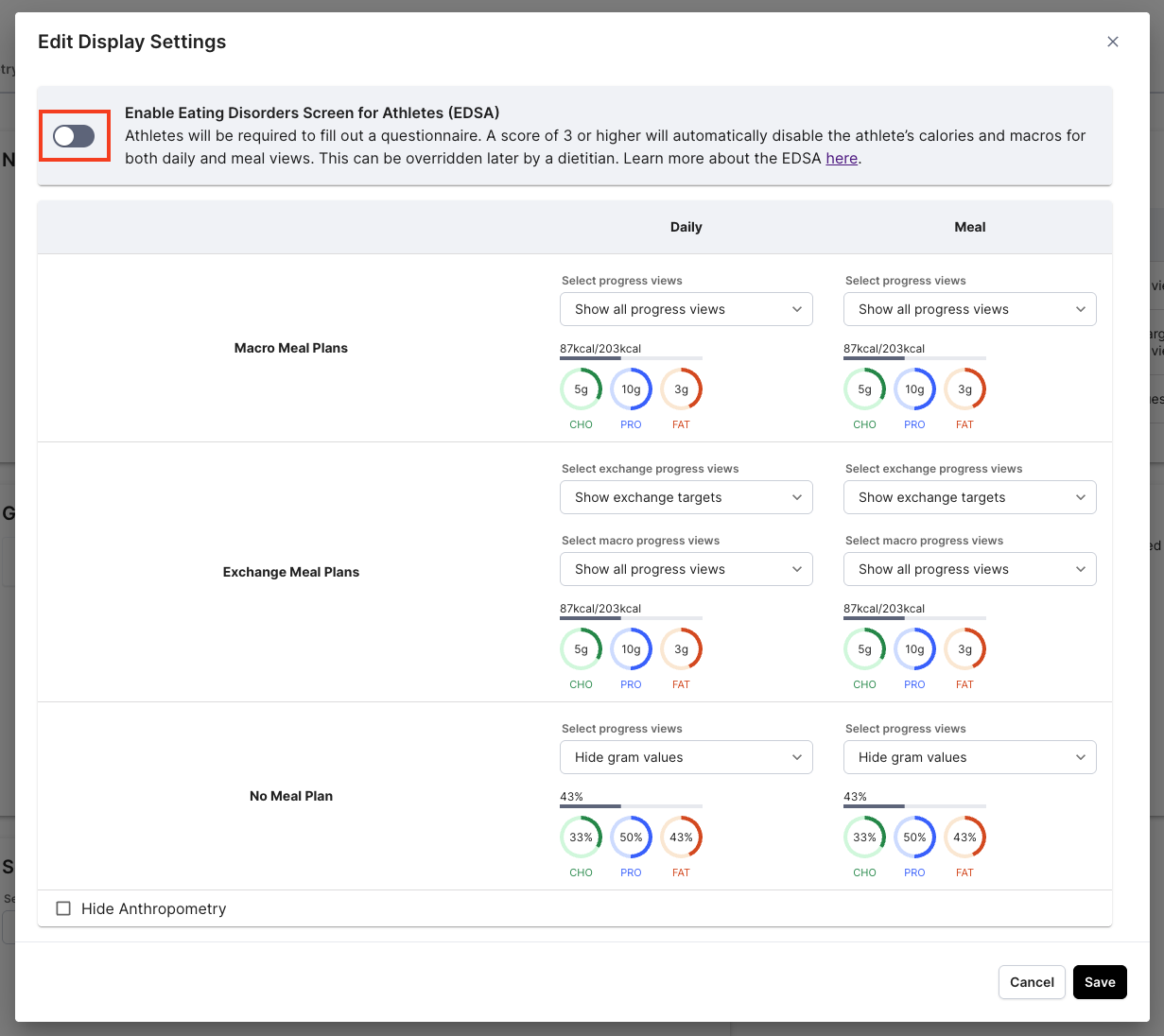 Configure Display Settings for Macronutrient Targets