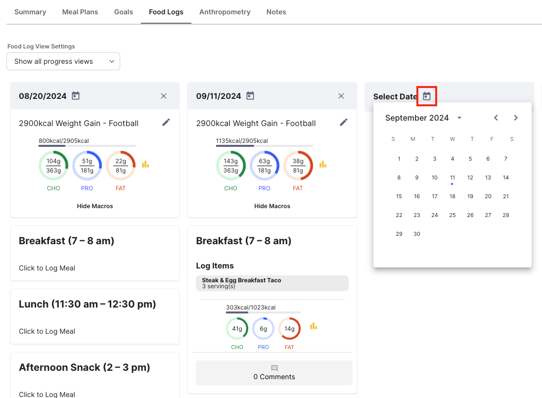 View and Edit an Athlete's Food Logs